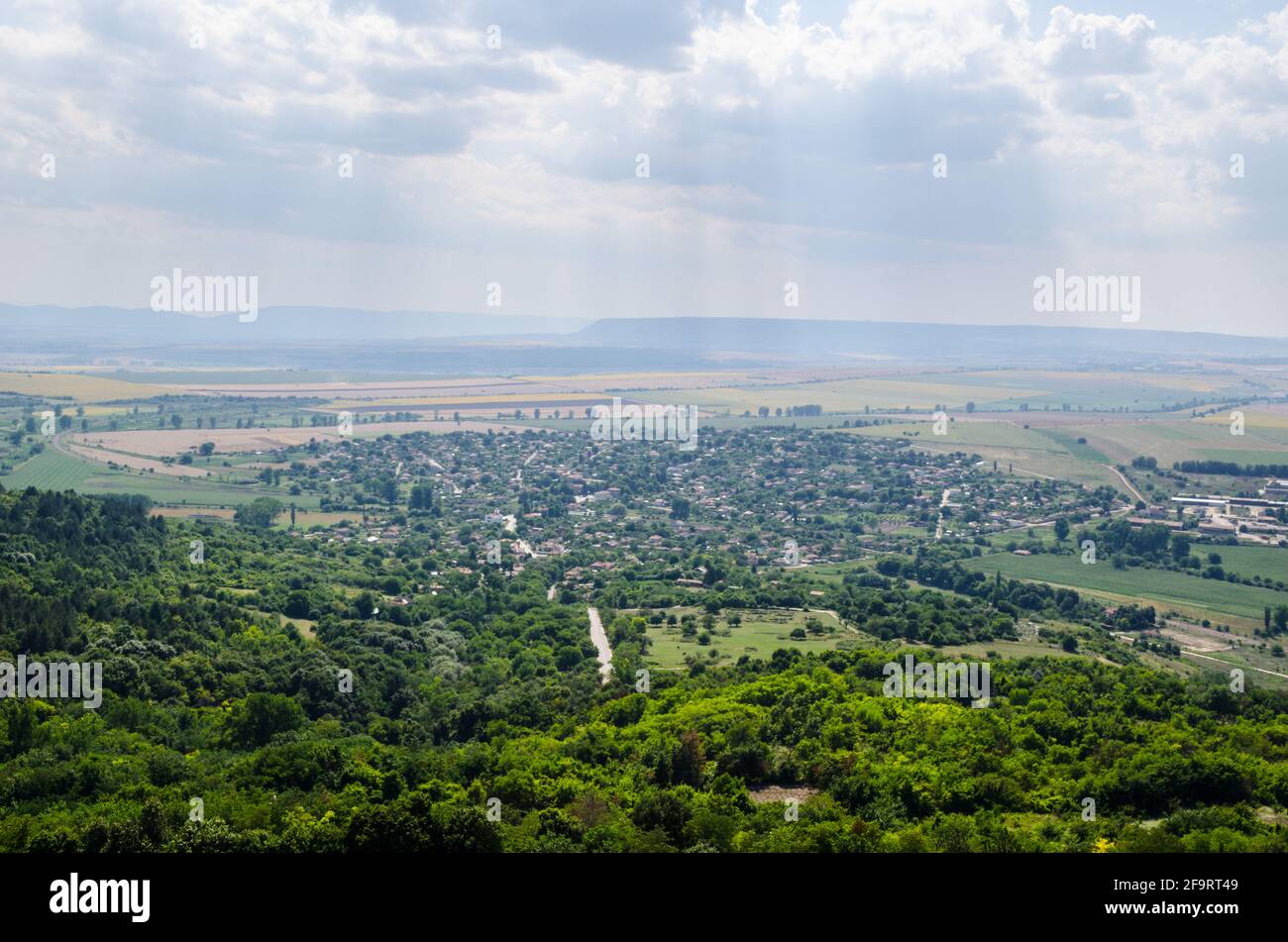 aerial view of bulgarian city madara situated on the shumen plateau and ...