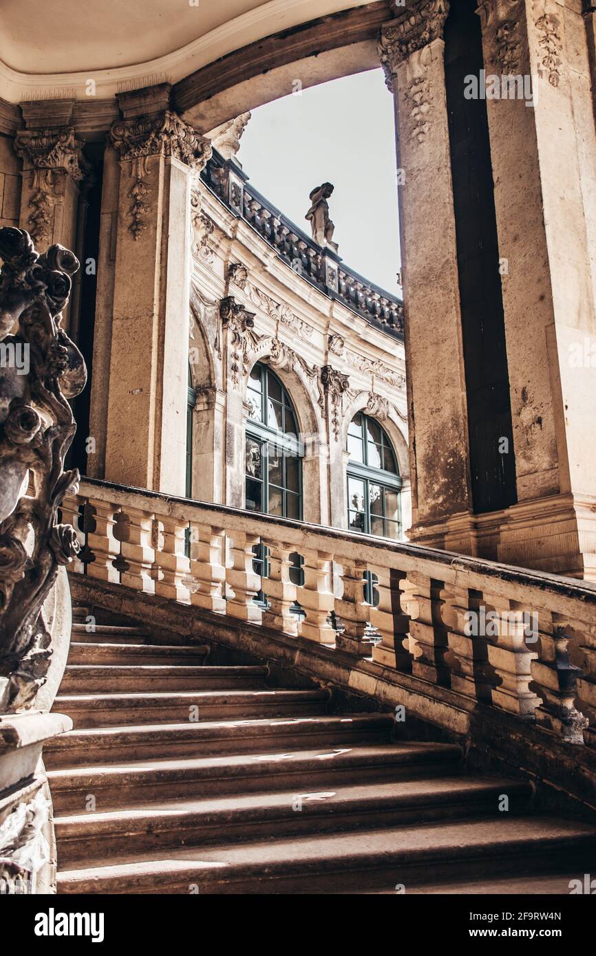 17 May 2019 Dresden, Germany - Zwinger palace, stairs and cupid statues ...