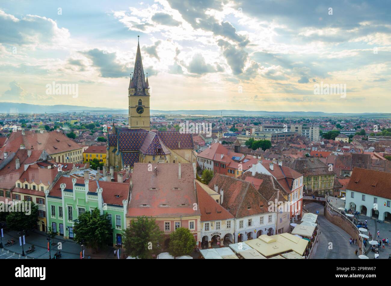 aerial view of the small square - piata mica in romanian city sibiu ...