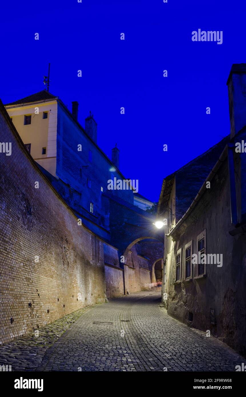 night view of the brick street - Pasajul Scarilor - the Stairs passage ...