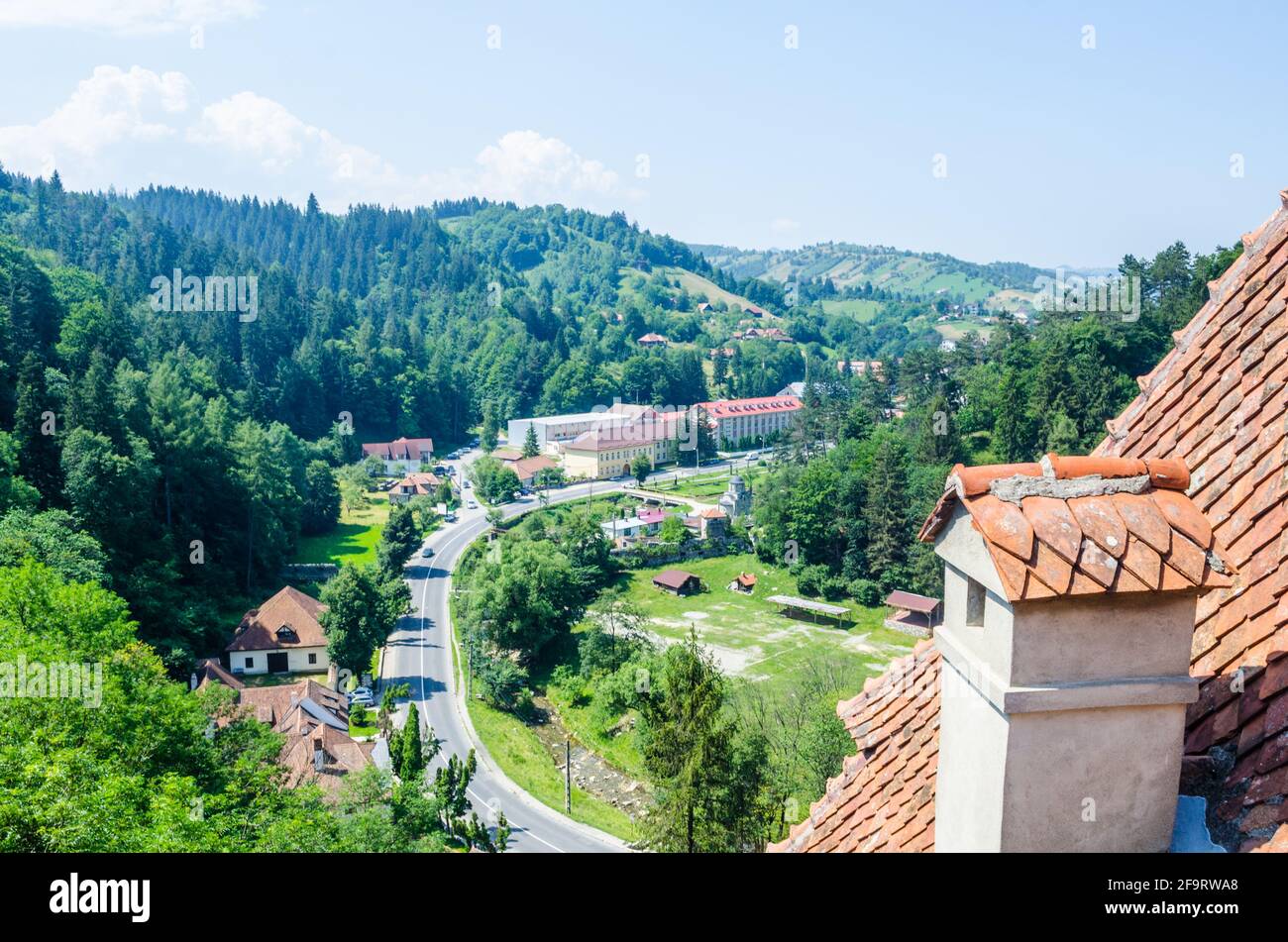aerial view of area surrounding bran castle near romanian city brasov ...
