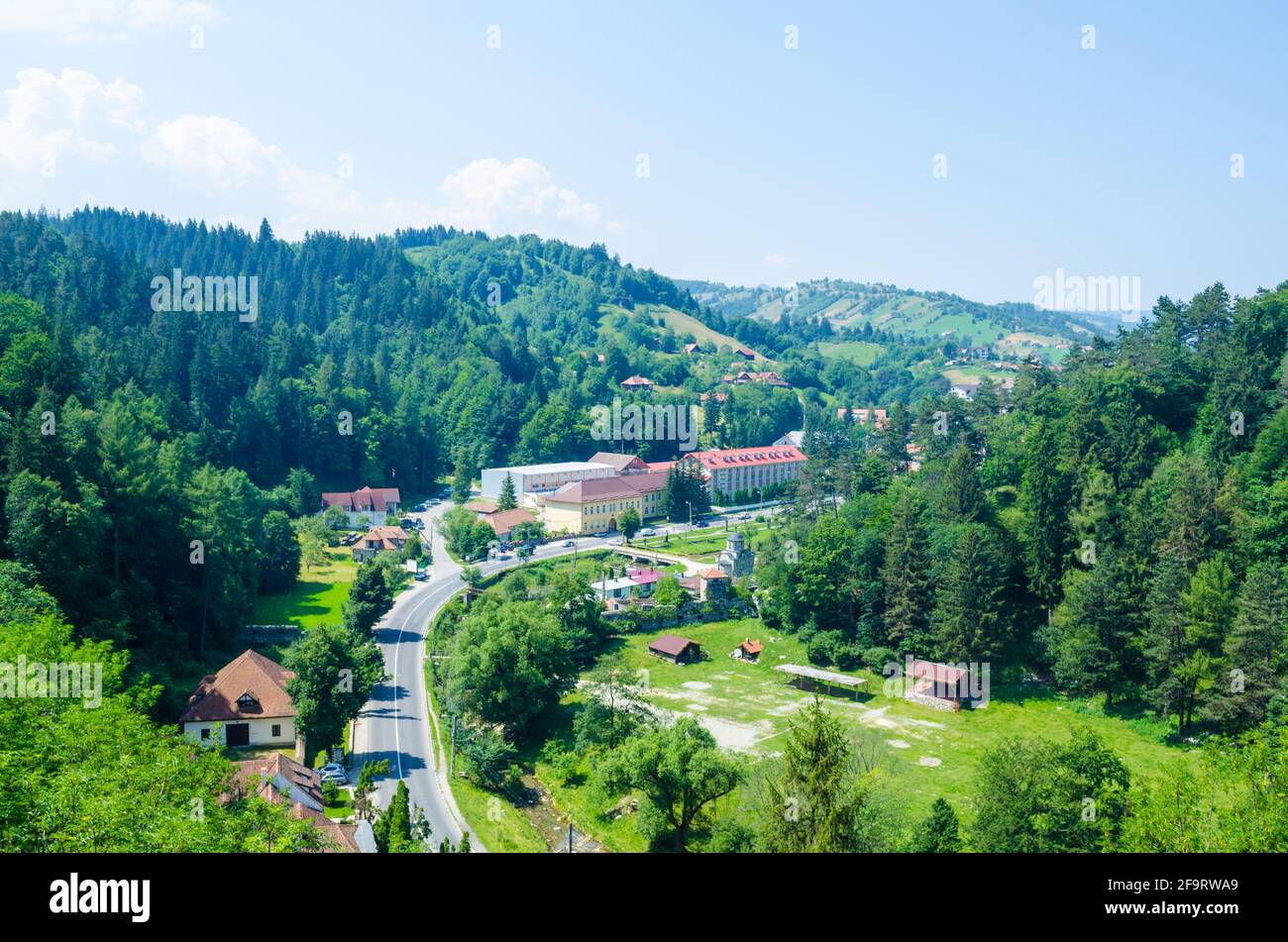 aerial view of area surrounding bran castle near romanian city brasov ...
