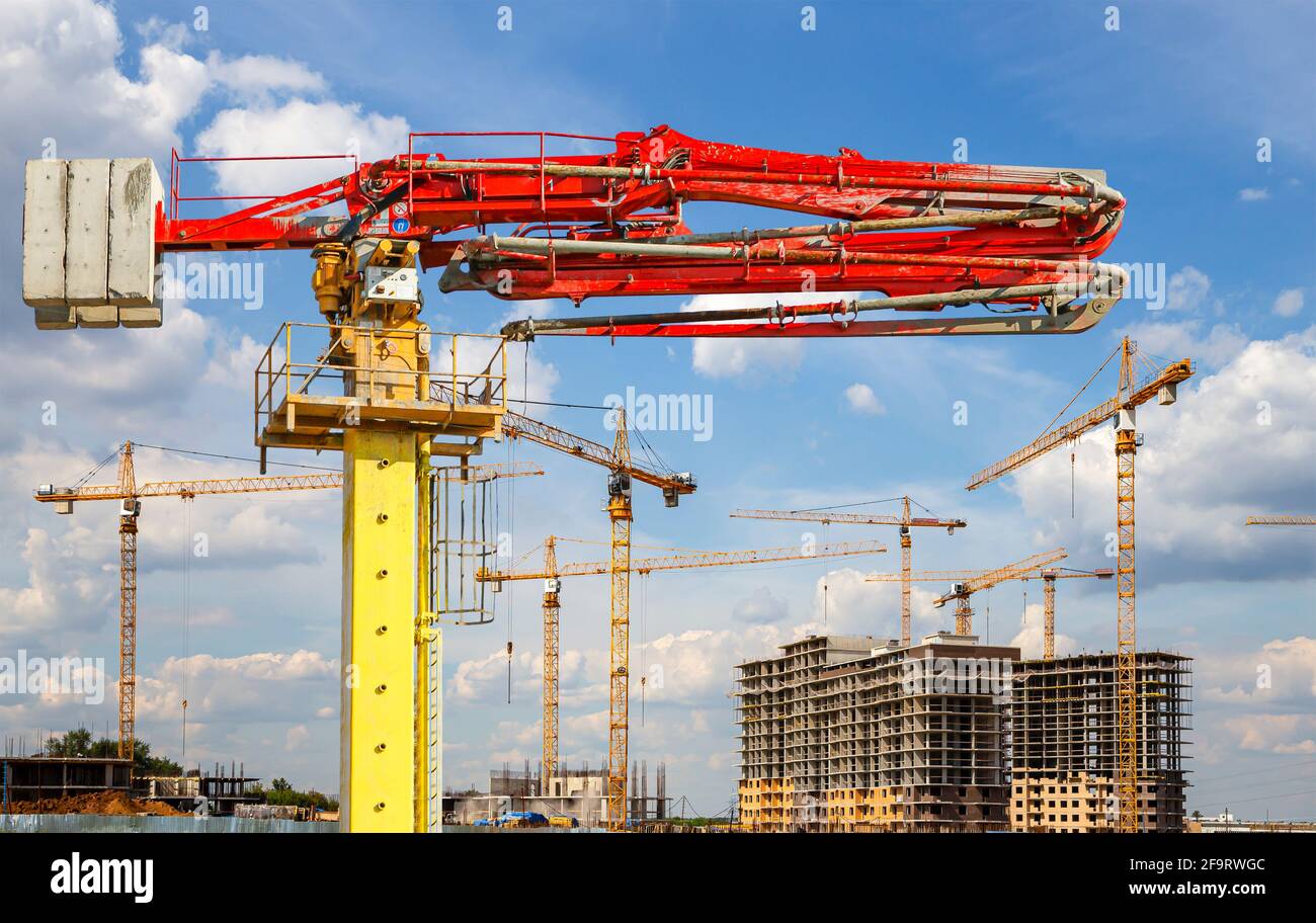 Construction concrete pump (pump truck) on the background construction ...