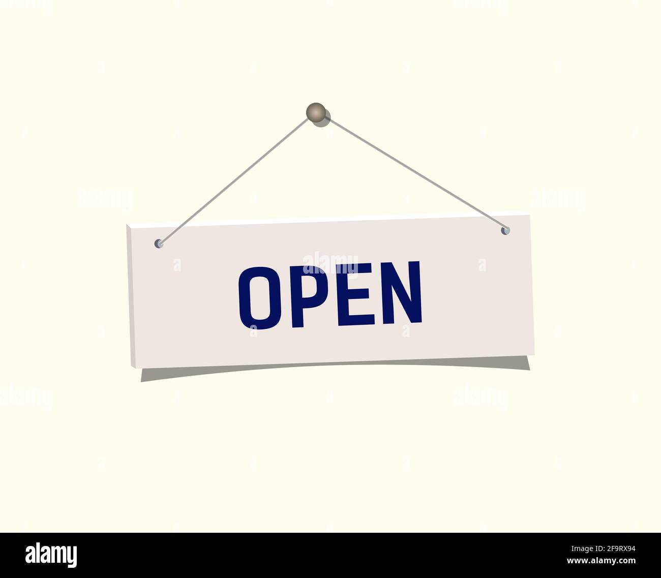 Open sign hanging on yellow wall. Realistic sign open hang on nail ...