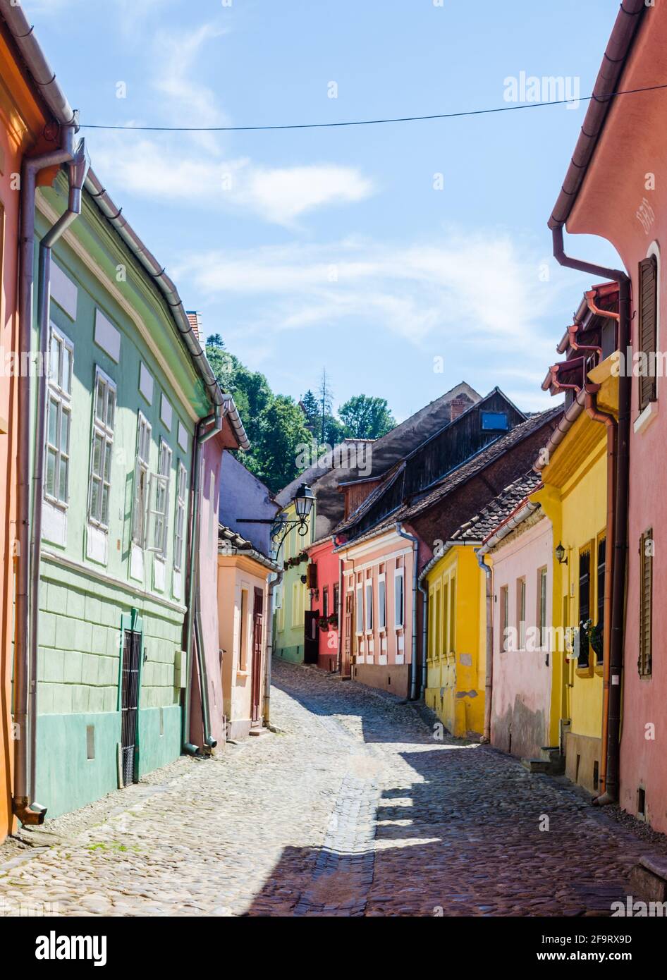 Stone paved old streets with colorful houses in Sighisoara fortress ...
