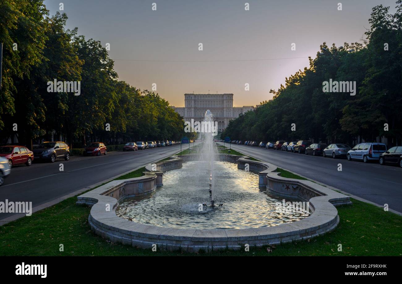 sunset over unirii boulevard in romanian city bucharest Stock Photo - Alamy