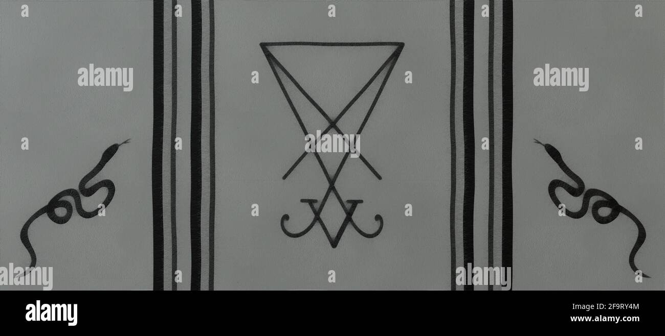 Sigil of Lucifer and silhouettes of serpents. Black lines. Gray ...
