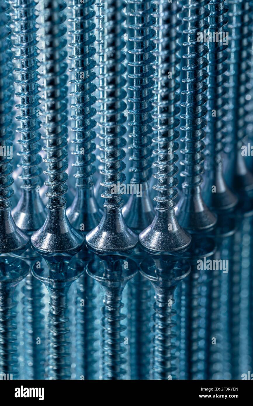 Standing galvanized self-tapping screws on a mirror surface. Screws ...