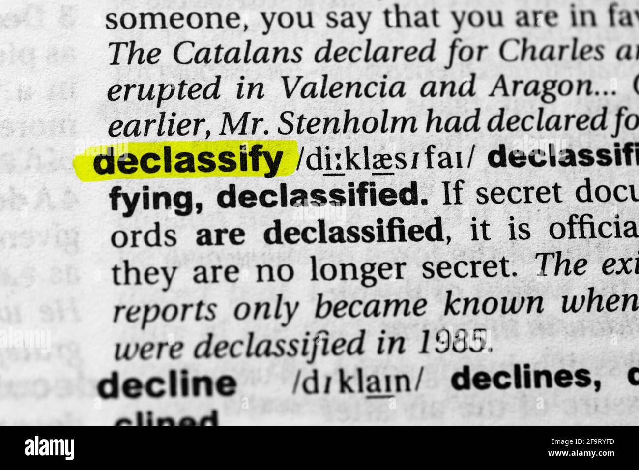 Highlighted word declassify concept and meaning Stock Photo - Alamy