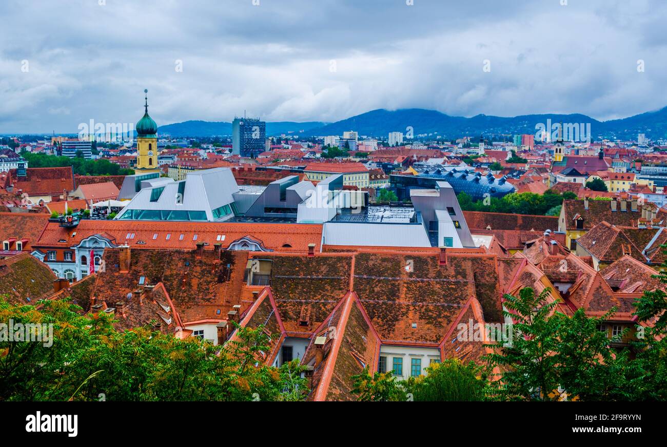aerial view of the austrian city graz taken from the stairway leading ...