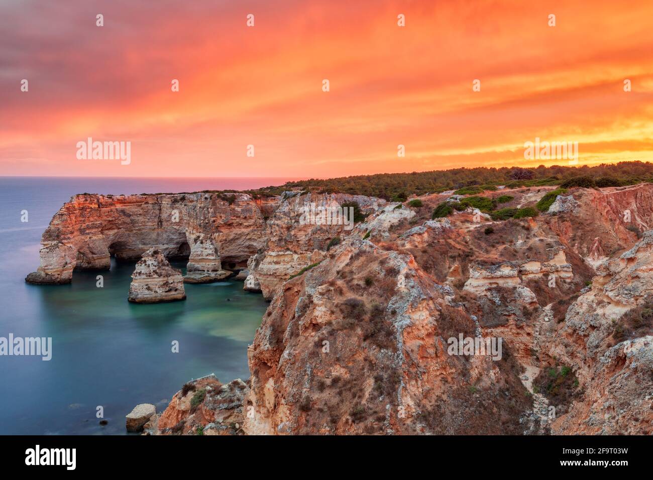 Landscape on the Algarve coast at sunset. Beach in southern Portugal ...
