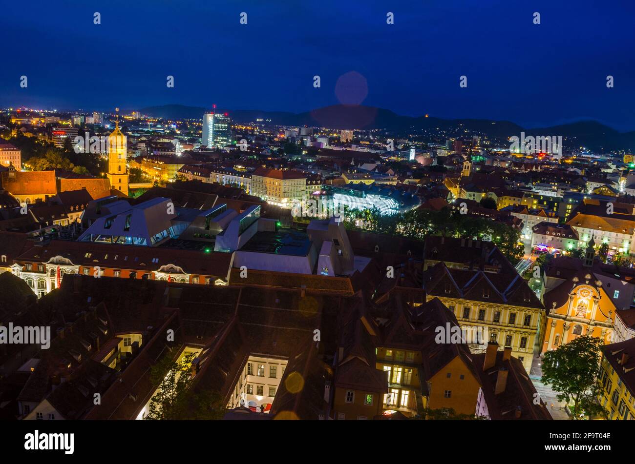night aerial view over the illuminated austrian city graz Stock Photo ...