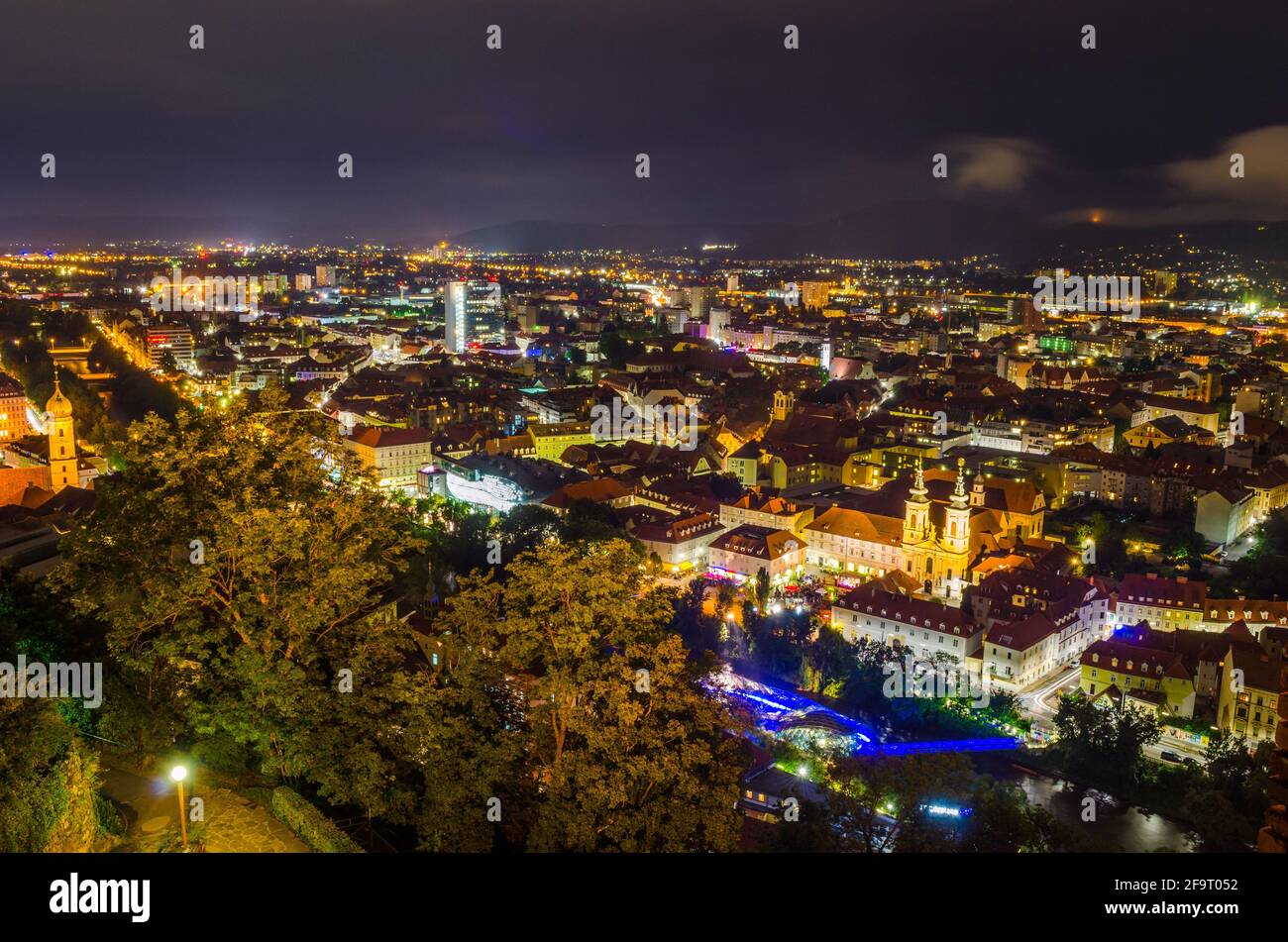 night aerial view over the illuminated austrian city graz Stock Photo ...