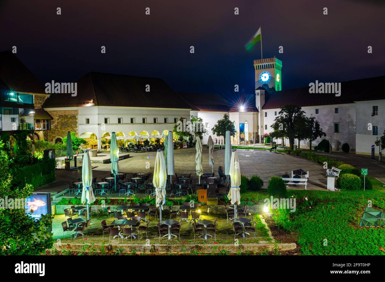 night view of the illuminated courtyard of the castle in the slovenian ...