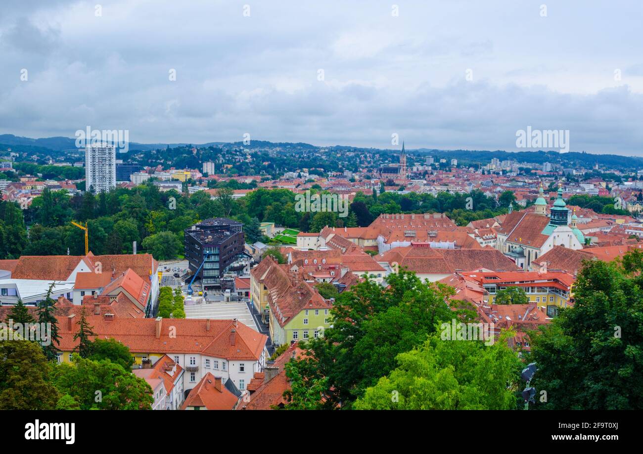 aerial view of the austrian city graz taken from the stairway leading ...