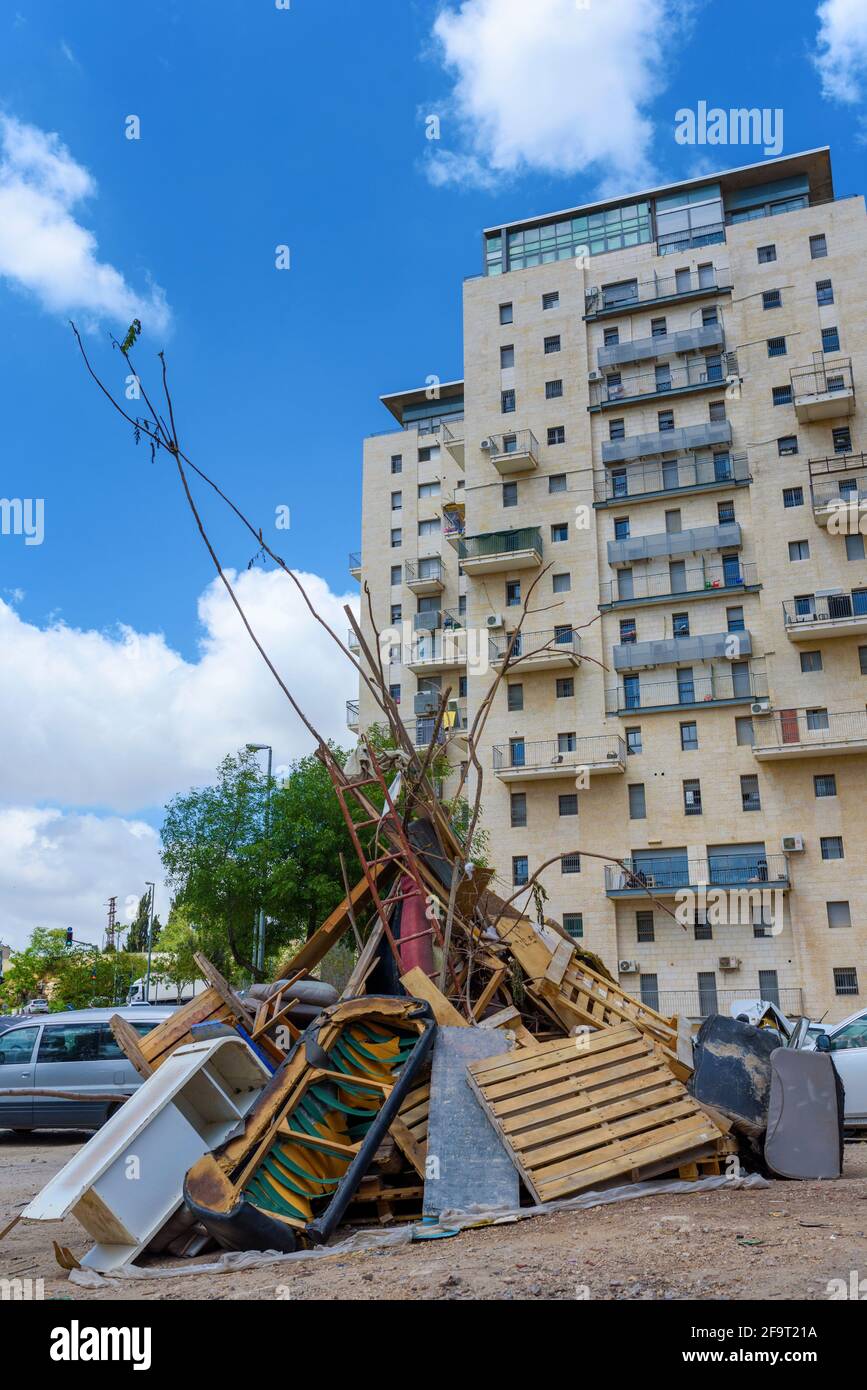 Heap of wood built by the people in preparation for the big bonfire on ...