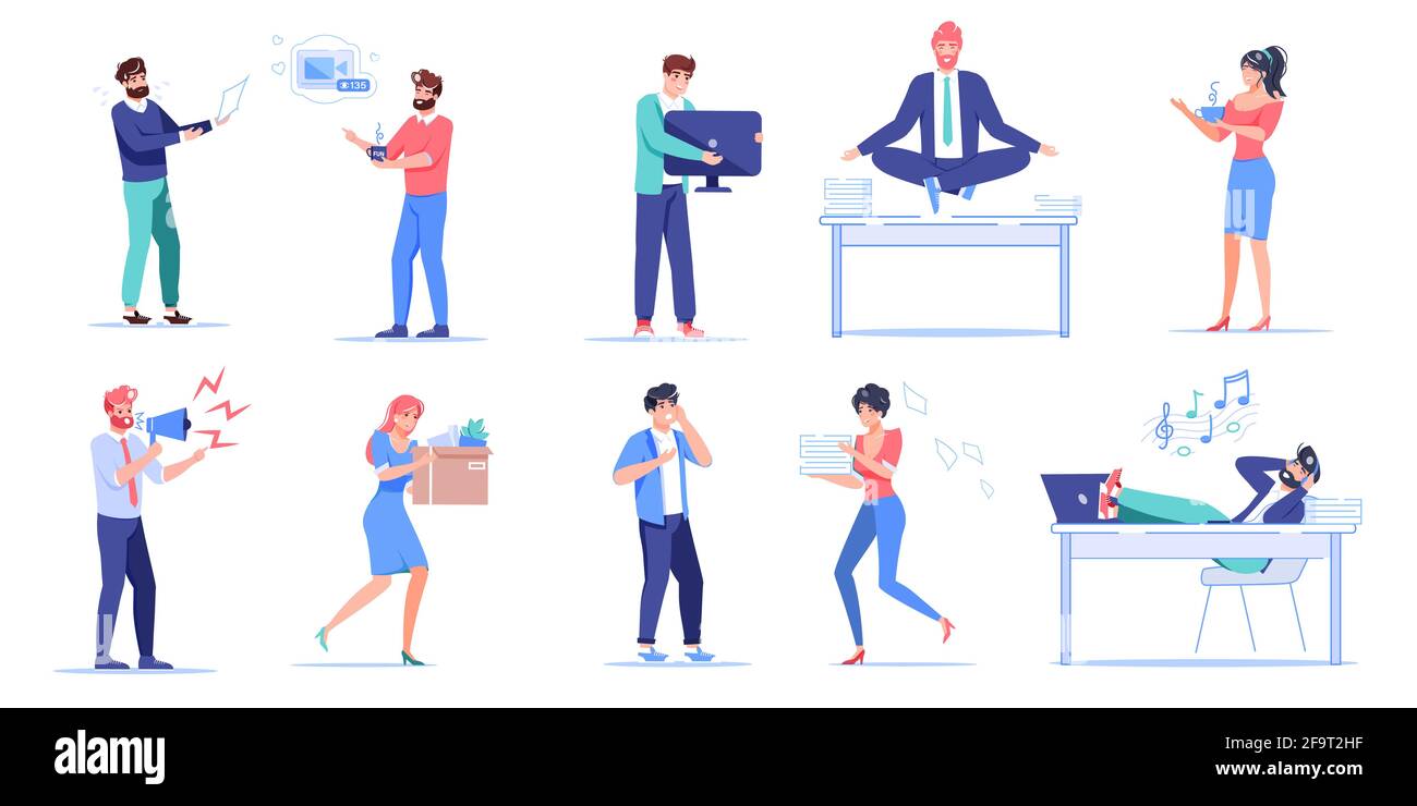 Flat cartoon office employee characters set,workflow scenes vector ...