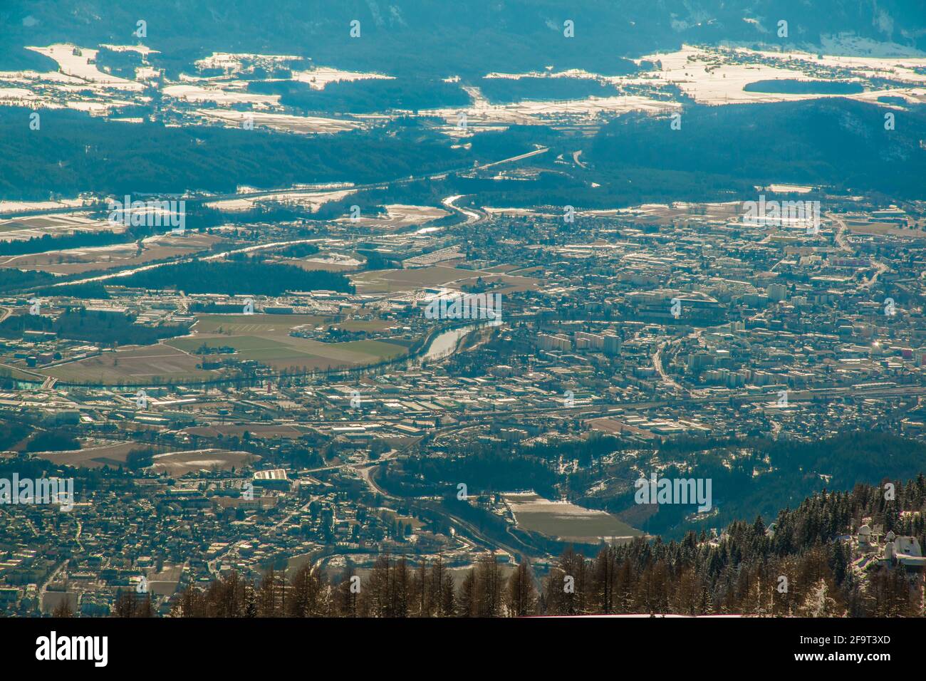 aerial view of villach from top of the gerlitzen mountain in austria ...
