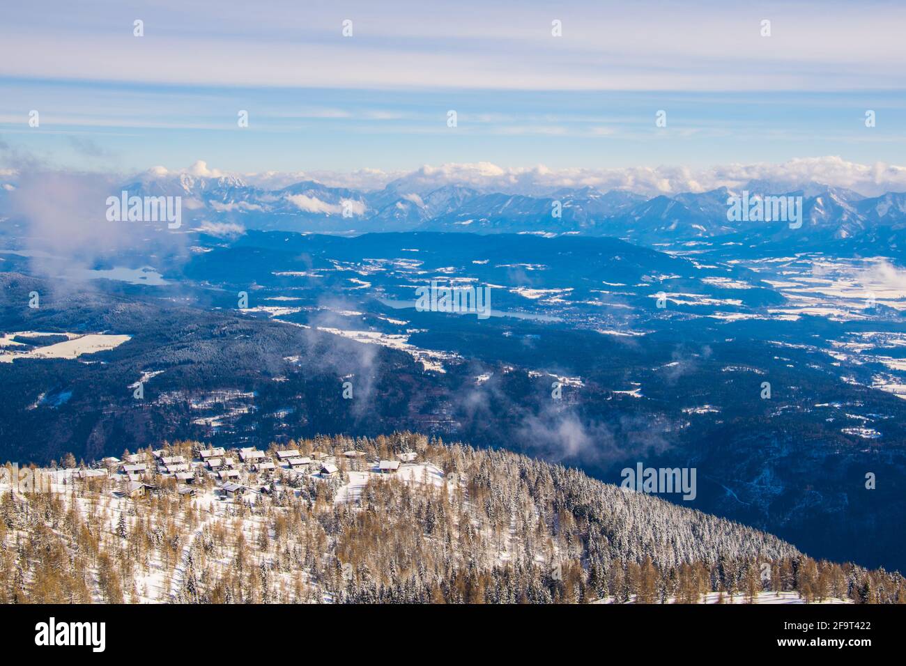 View of dolomites alps covered with snow from the gerlitzen mountain ...