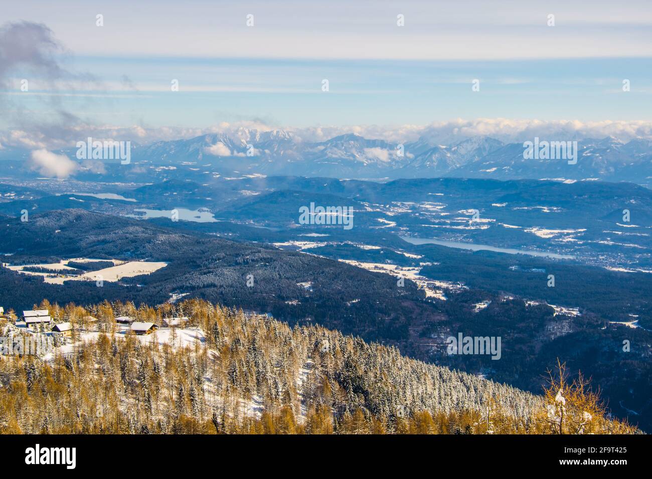 View of dolomites alps covered with snow from the gerlitzen mountain ...