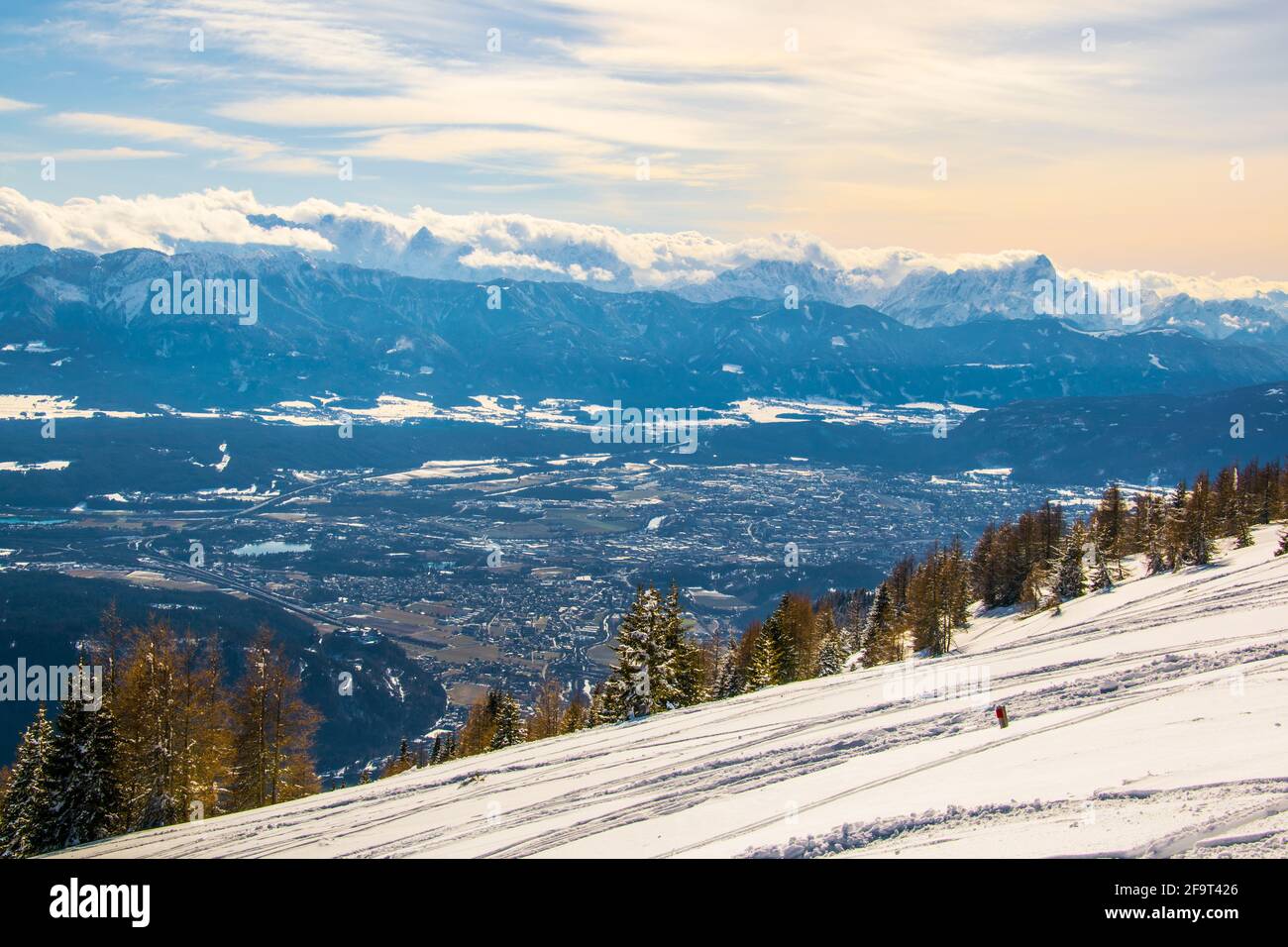 View of dolomites alps covered with snow from the gerlitzen mountain ...
