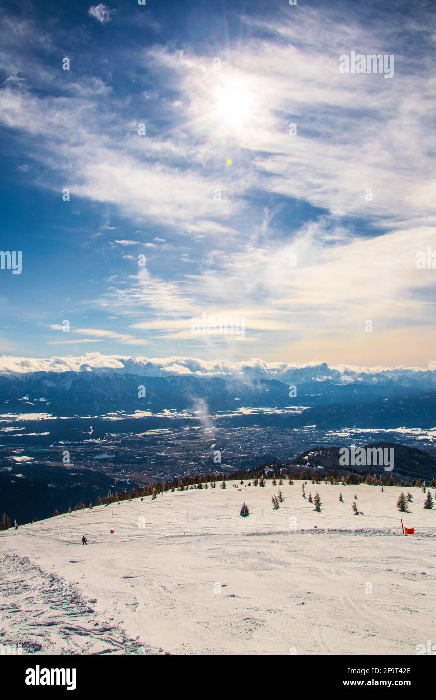 View of dolomites alps covered with snow from the gerlitzen mountain ...