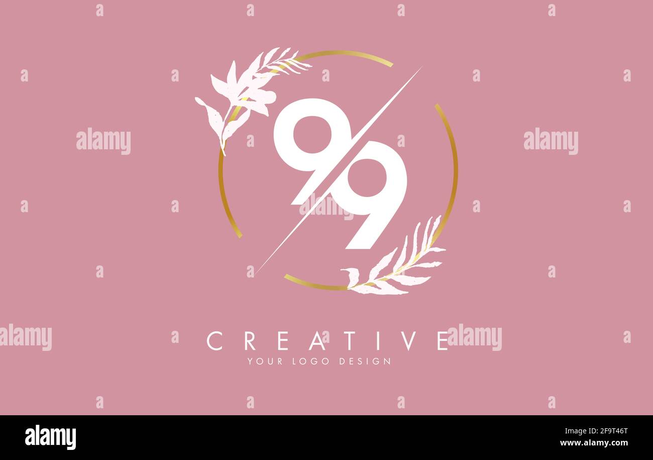 Number 99 9 logo design with golden circle and white leaves on branches ...