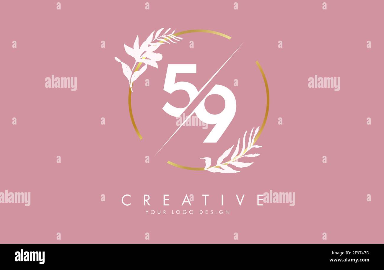 Number 59 5 9 logo design with golden circle and white leaves on ...