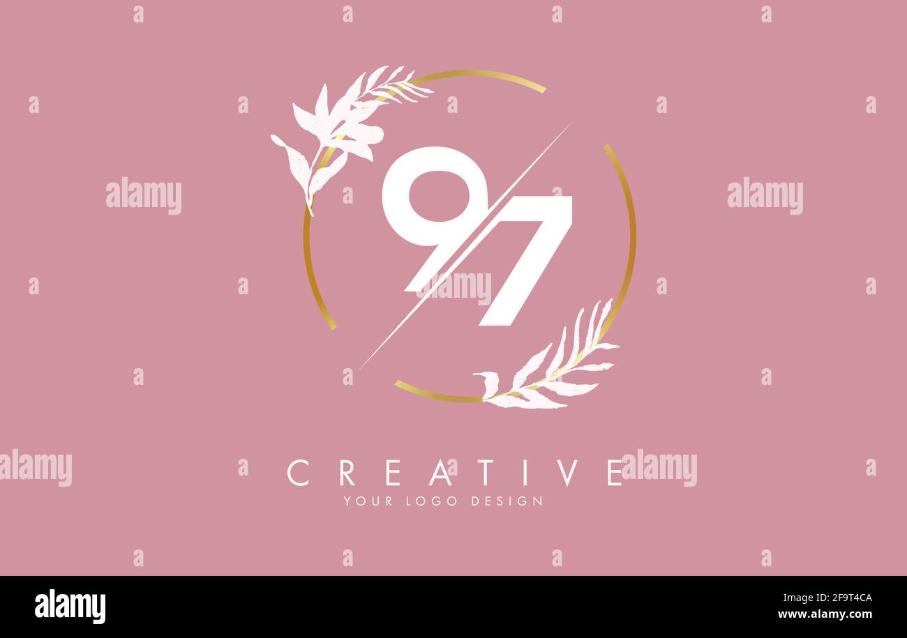 Number 97 9 7 logo design with golden circle and white leaves on ...