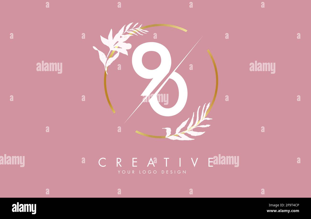 Number 90 9 0 logo design with golden circle and white leaves on ...