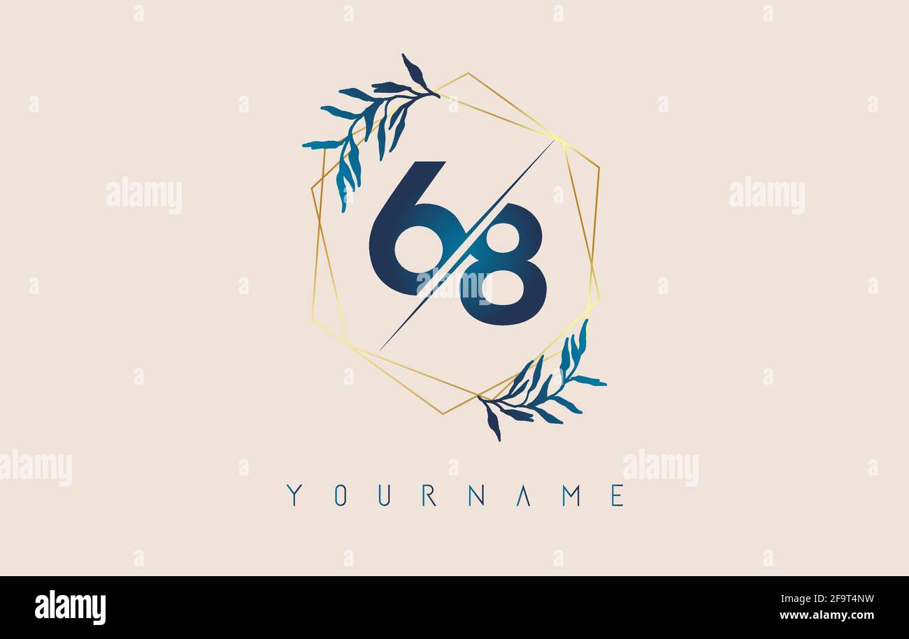 Number 68 6 8 logo with golden polygon frames and gradient blue leaves ...