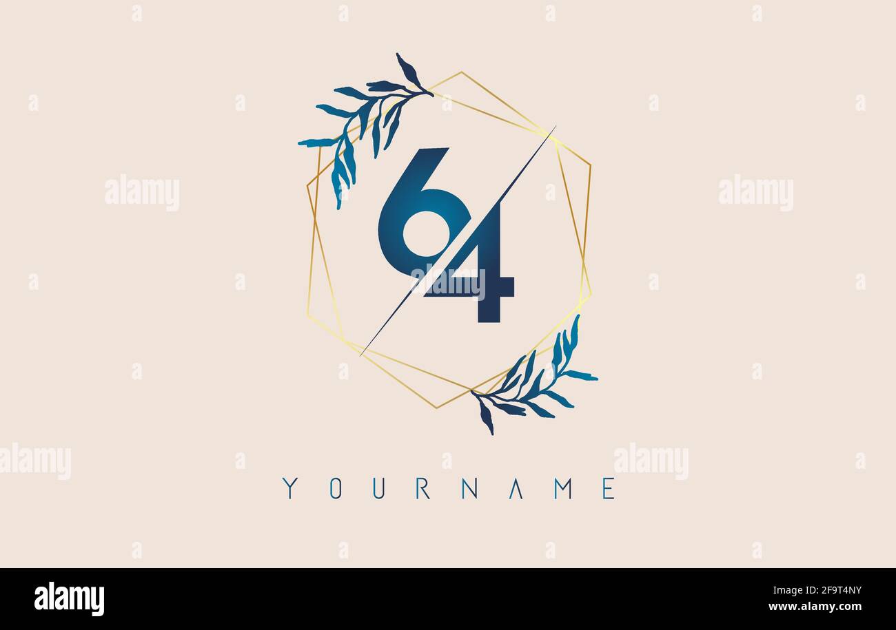 Number 64 6 4 logo with golden polygon frames and gradient blue leaves ...