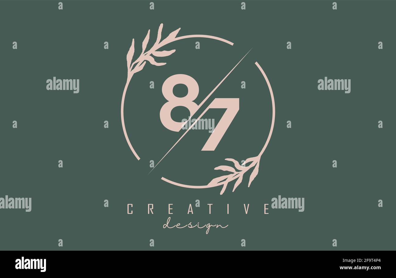 Number 87 8 7 Logo with circle frame and pastel leaves design. Rounded ...