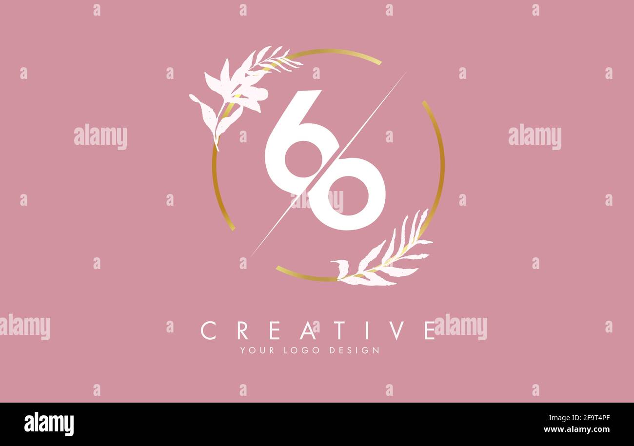 Number 66 6 logo design with golden circle and white leaves on branches ...