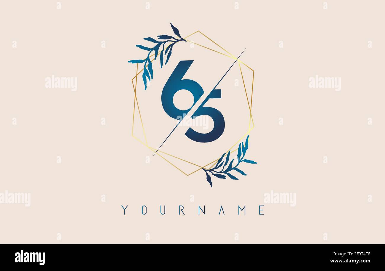 Number 65 6 5 logo with golden polygon frames and gradient blue leaves ...