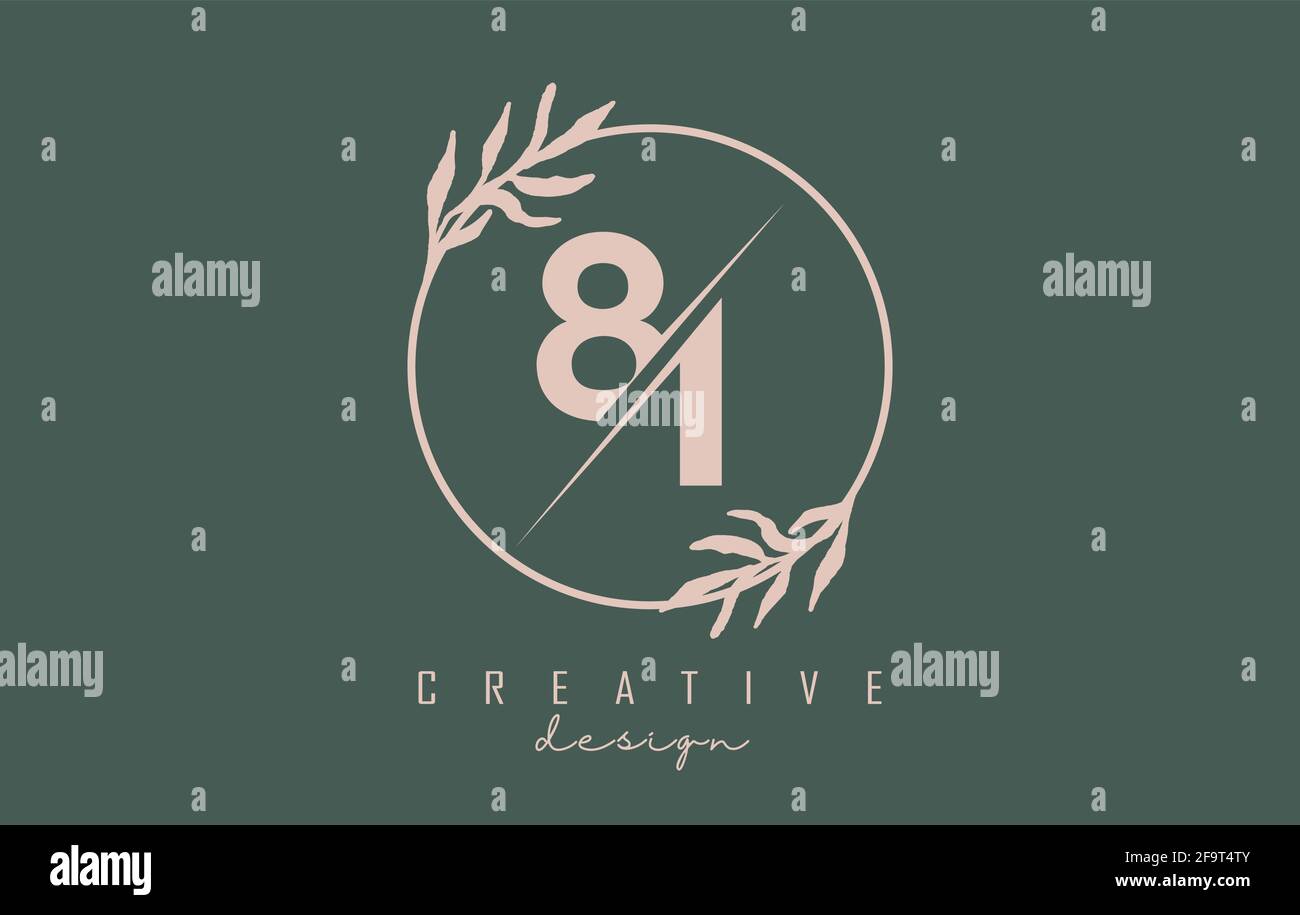 Number 81 8 1 Logo with circle frame and pastel leaves design. Rounded ...