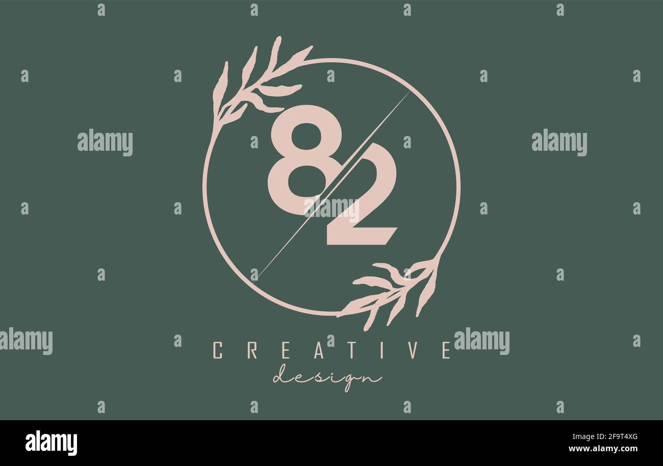 Number 82 8 2 Logo with circle frame and pastel leaves design. Rounded ...