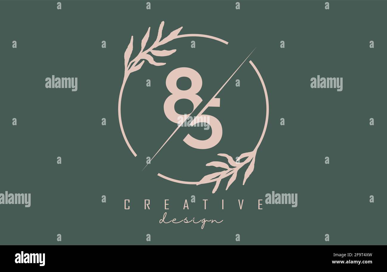Number 85 8 5 Logo with circle frame and pastel leaves design. Rounded ...