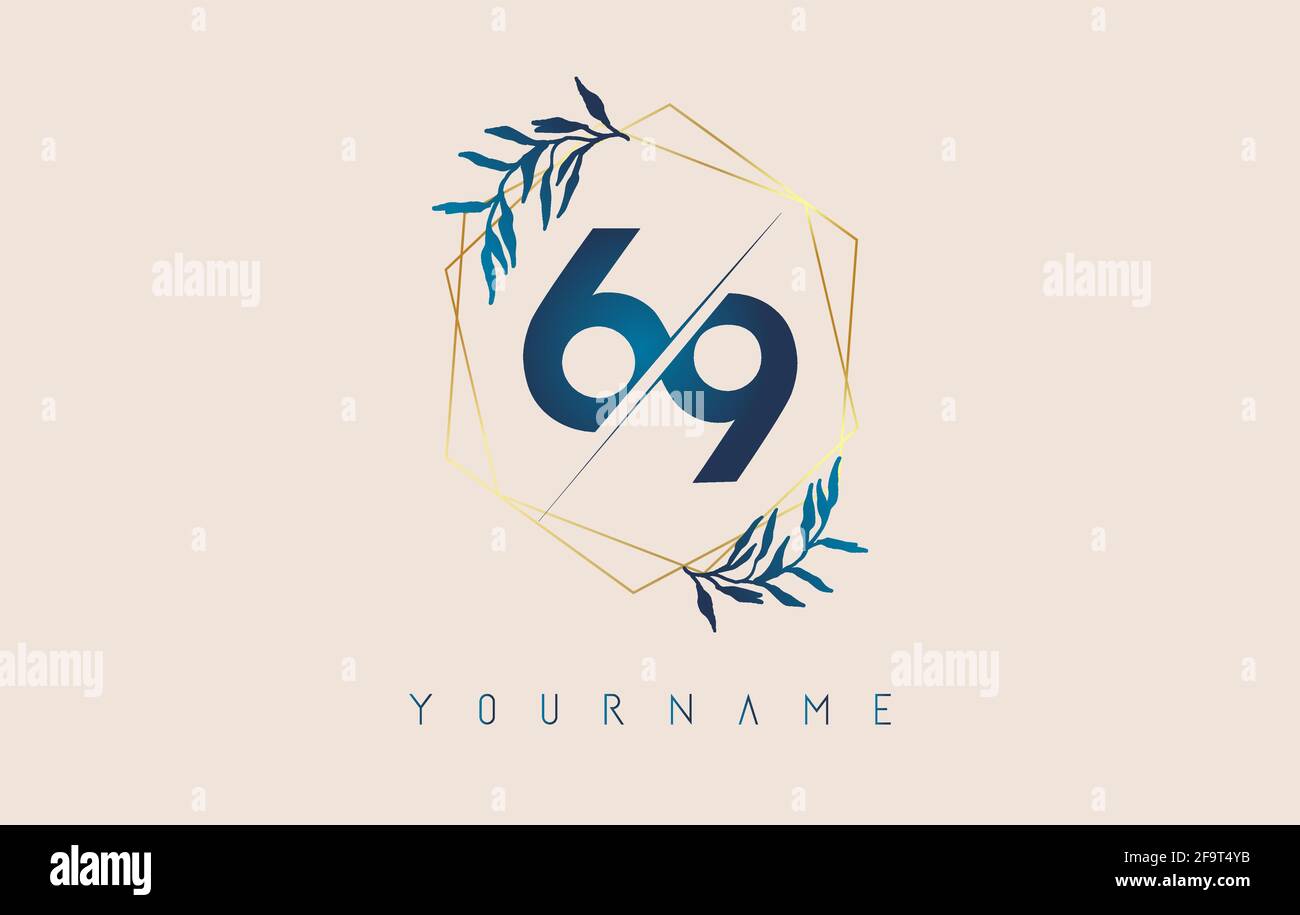 Number 69 6 9 logo with golden polygon frames and gradient blue leaves ...