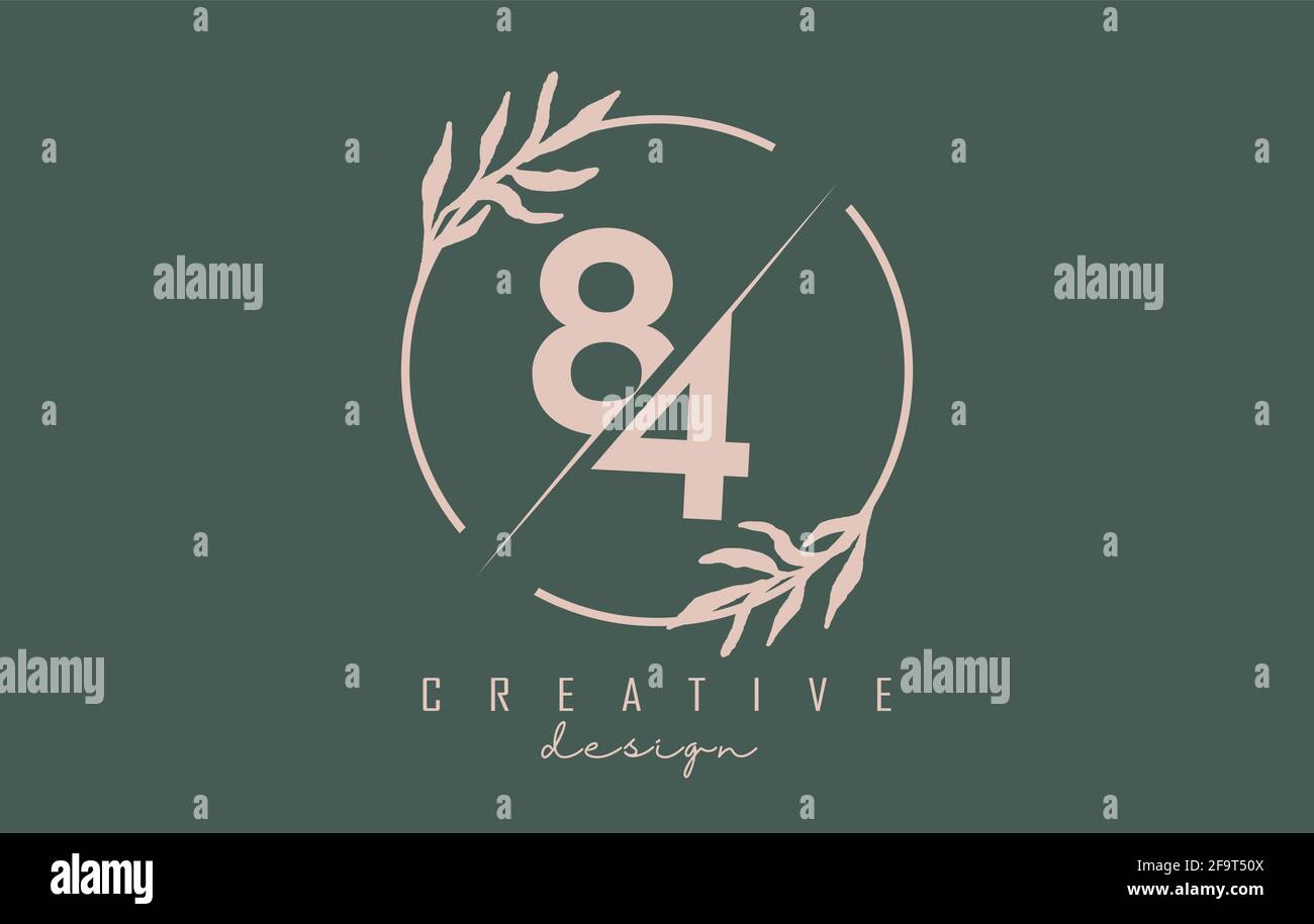 Number 84 8 4 Logo with circle frame and pastel leaves design. Rounded ...