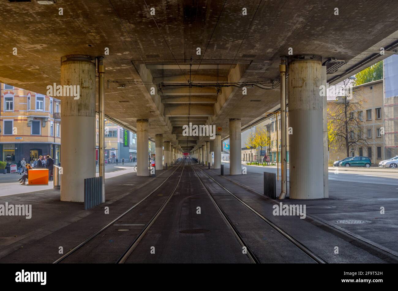 view of a highway bridge taken from below in the swiss city zurich ...