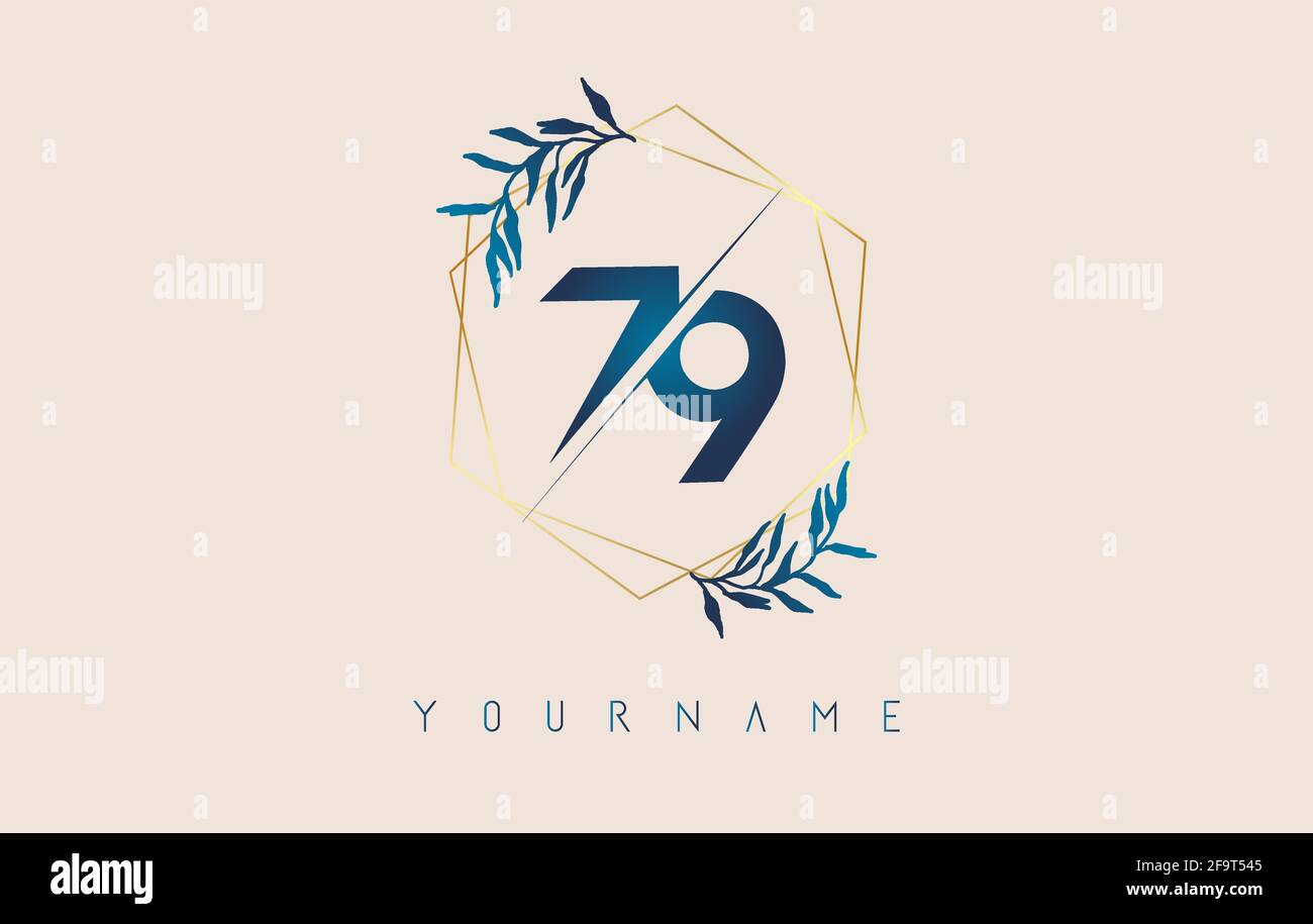 Number 79 7 9 logo with golden polygon frames and gradient blue leaves ...