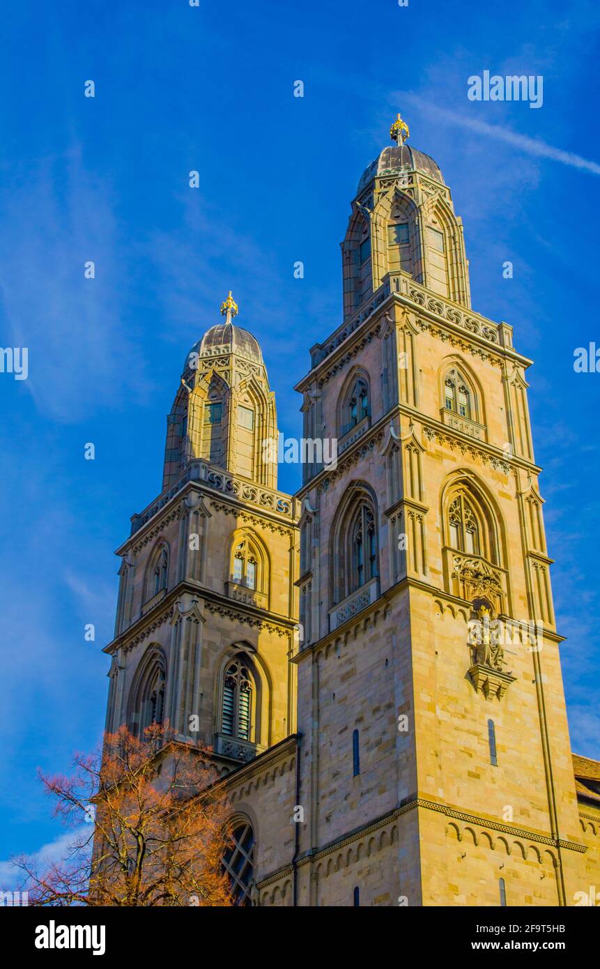 Double tower of the famous grossmunster cathedral in the swiss city ...