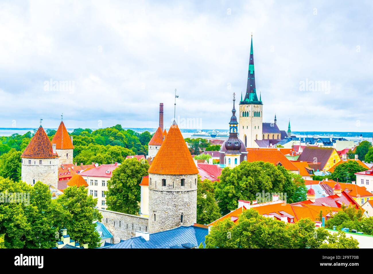 Aerial view of the old town of Tallin dominated by Saint Olaf church ...