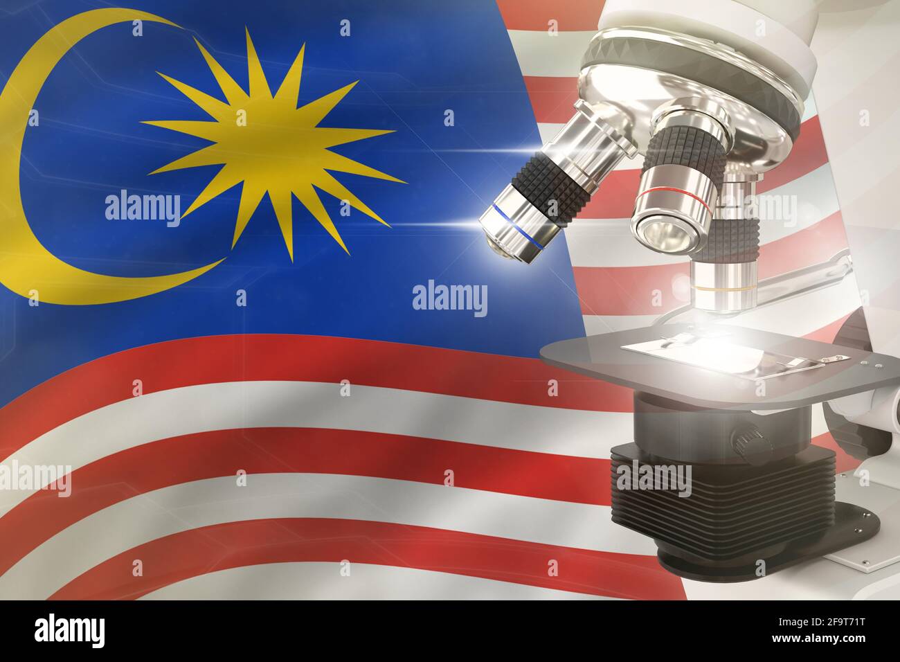 Malaysia science development concept - microscope on flag background ...