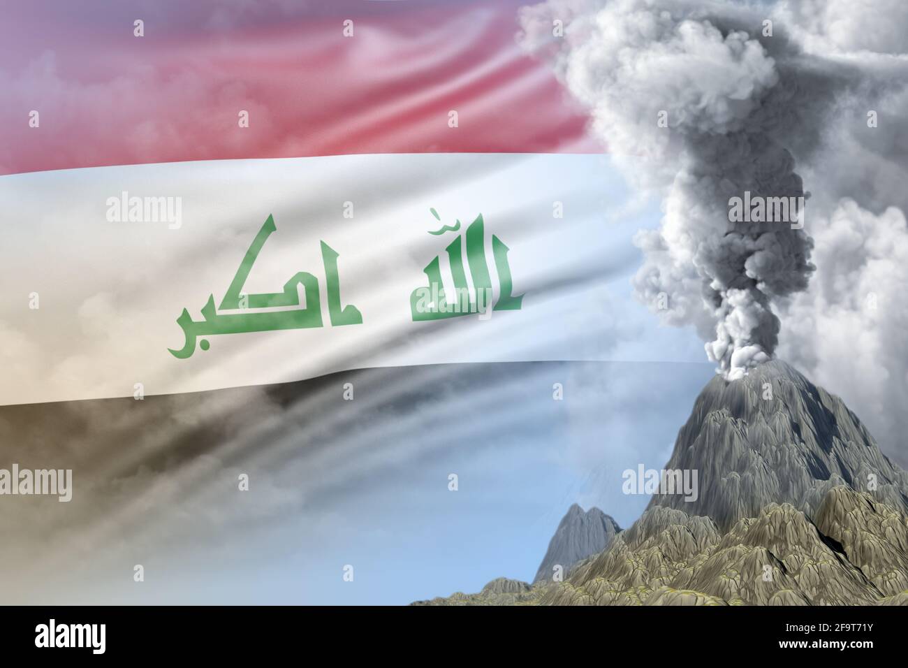 high volcano blast eruption at day time with white smoke on Iraq flag ...