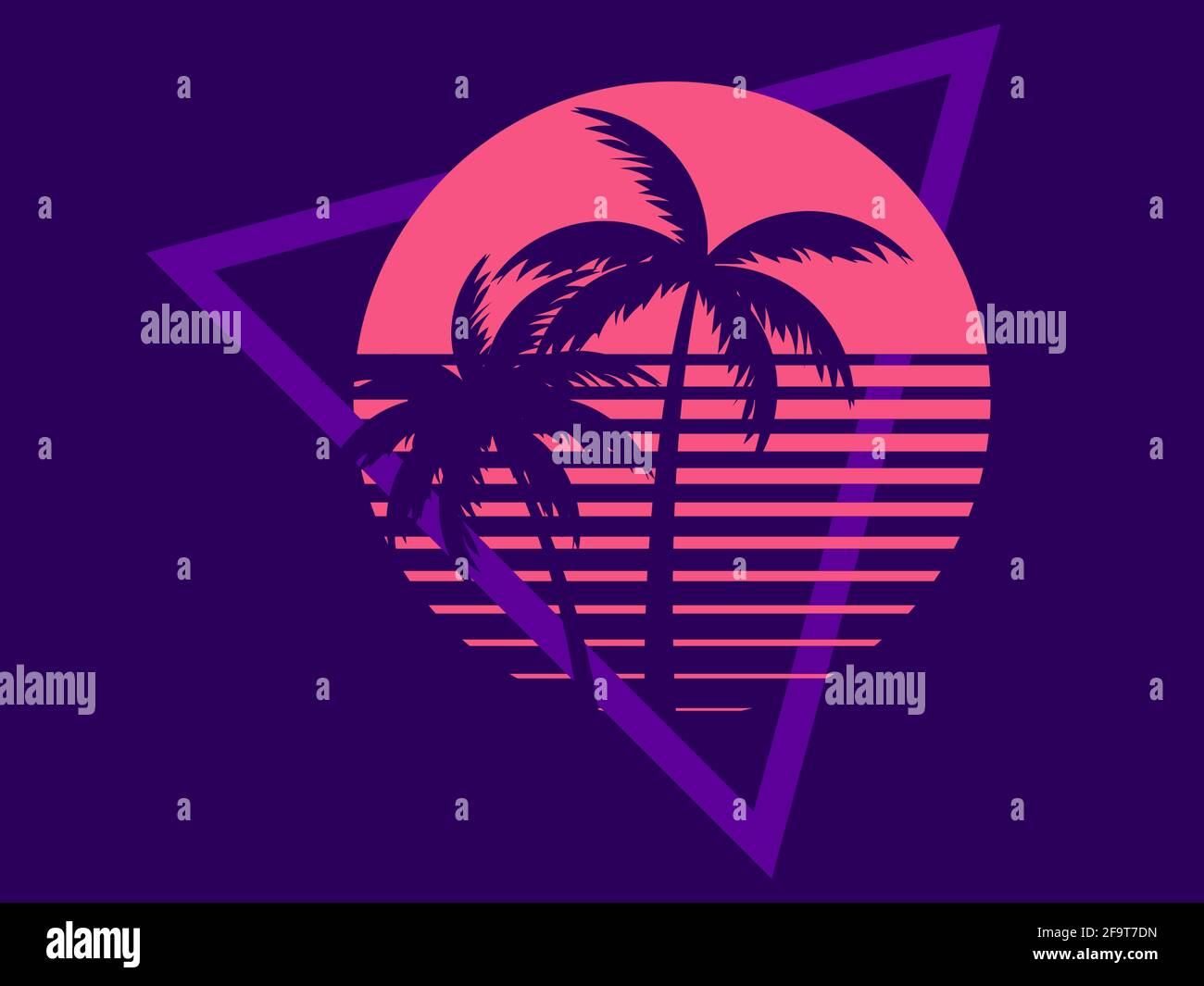 Two palm trees against a sun in the style of the 80s. Synthwave and ...
