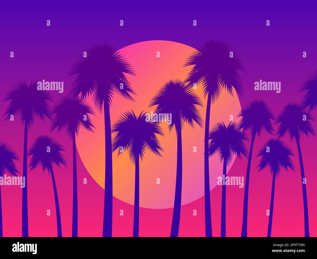 Tropical sunset with palms and gradient sun in 80s style. Design for ...