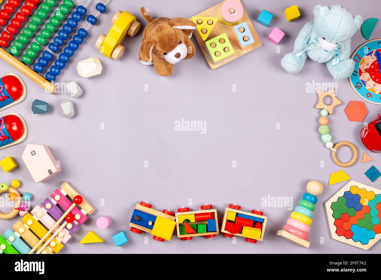 Baby kids toys frame. Colorful educational wooden plastic and fluffy ...