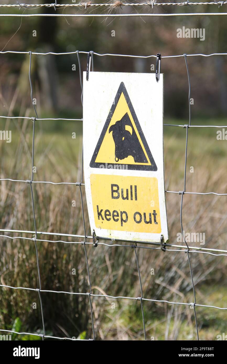 Scotland, Ayrshire,Auchinleck House, Warning sign on fence Bull Keep ...